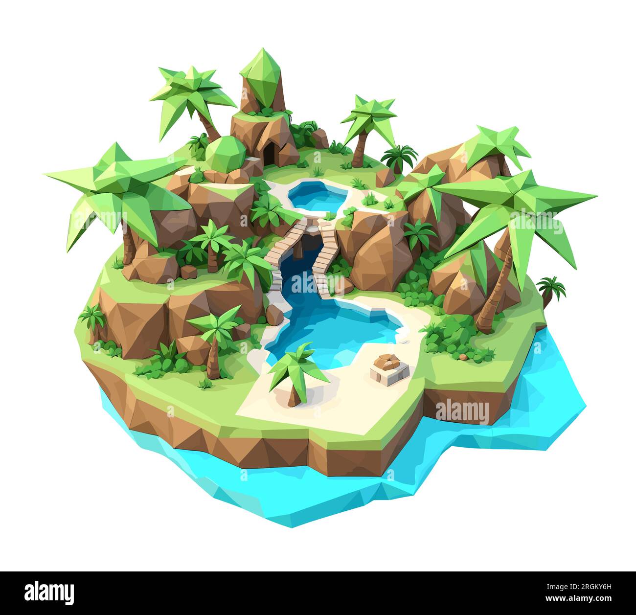 3D isometric low poly portrayal of a tropical island with a river with ...