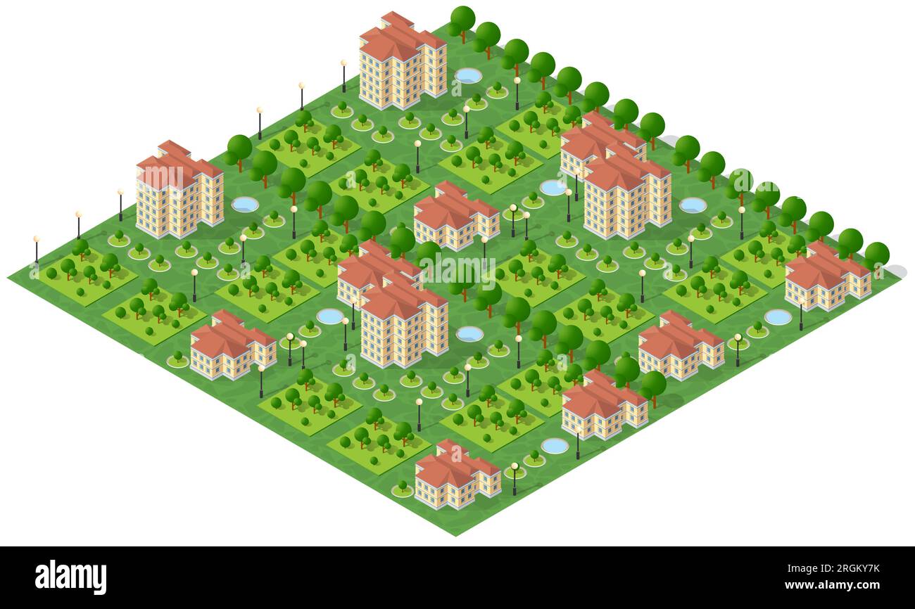 Flat isometric map, landscape city, building skyscraper, parks, cafe ...