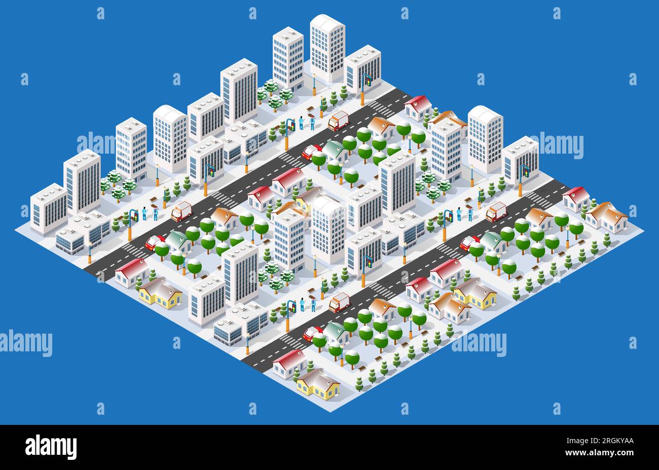 Flat isometric map, landscape city, building skyscraper, parks, cafe ...