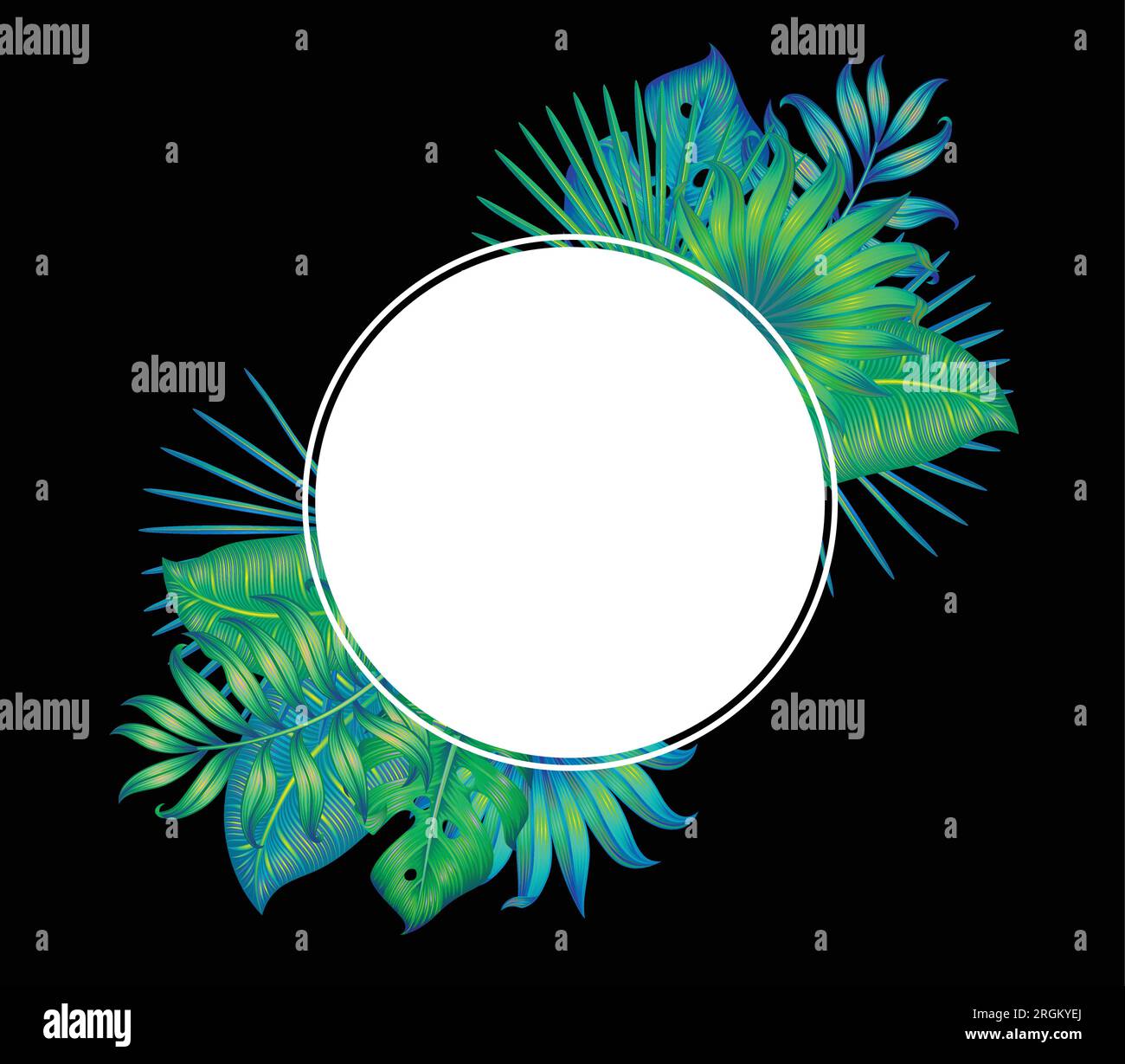 CIrcle with different tropical leaves isolated on black. Vector ...