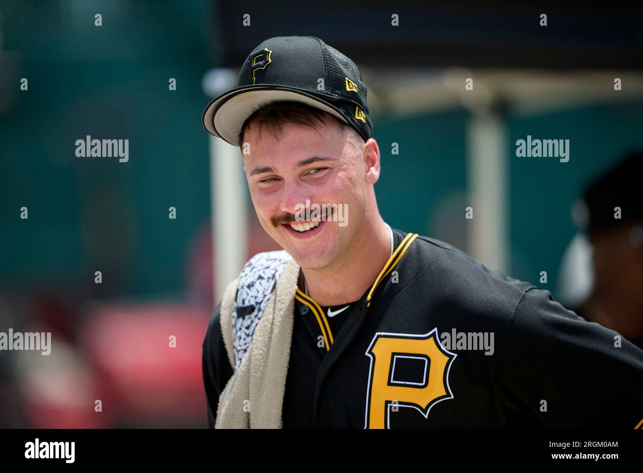 Pittsburgh Pirates pitcher Paul Skenes (23) smiles after making his ...