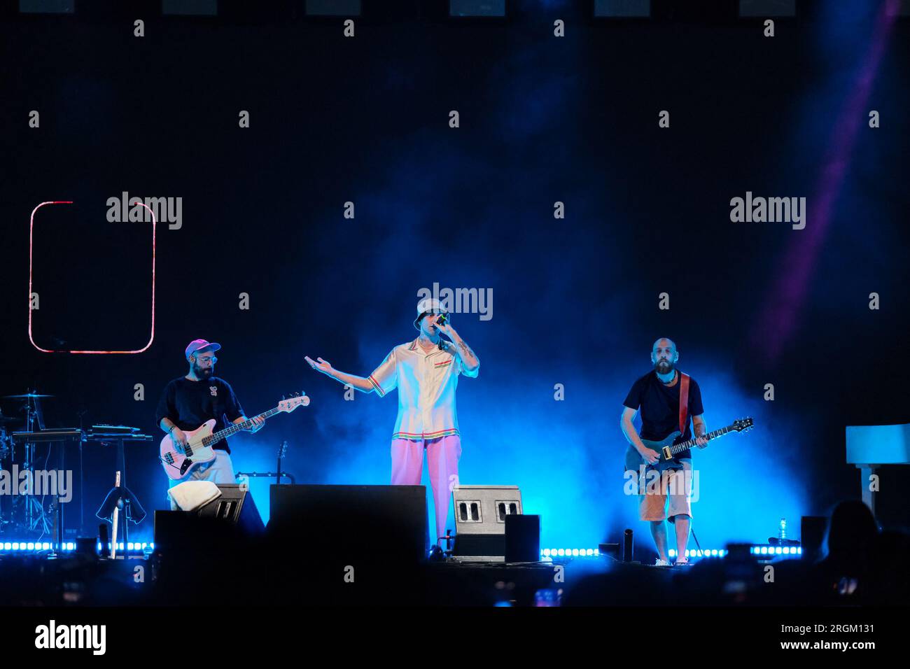 Italian rapper Mattia Balardi, aka Mr. Rain, on stage with “Superheroes ...