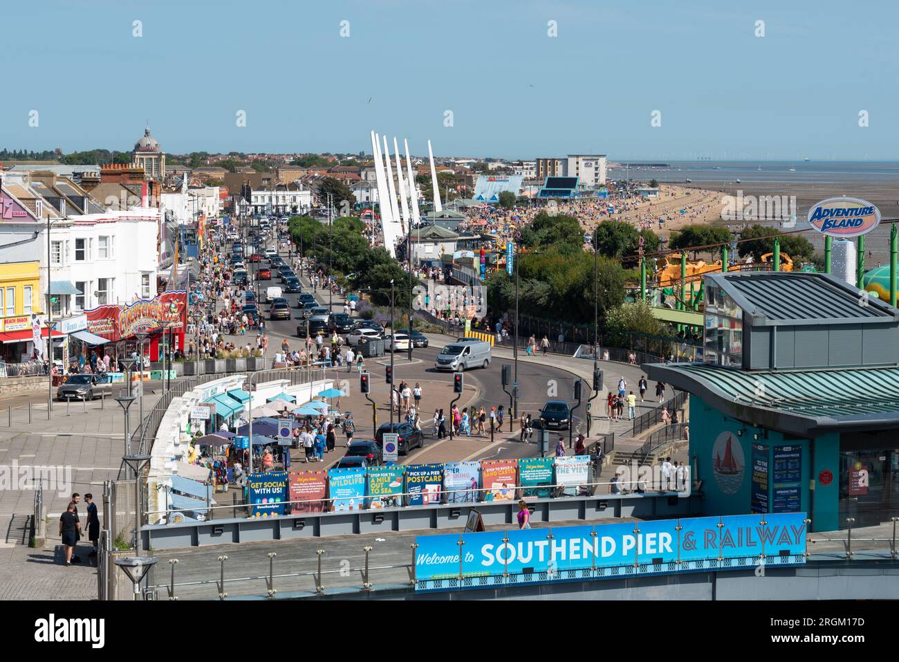 High view of Southend on Sea seafront in Summer 2023. Adventure Island ...