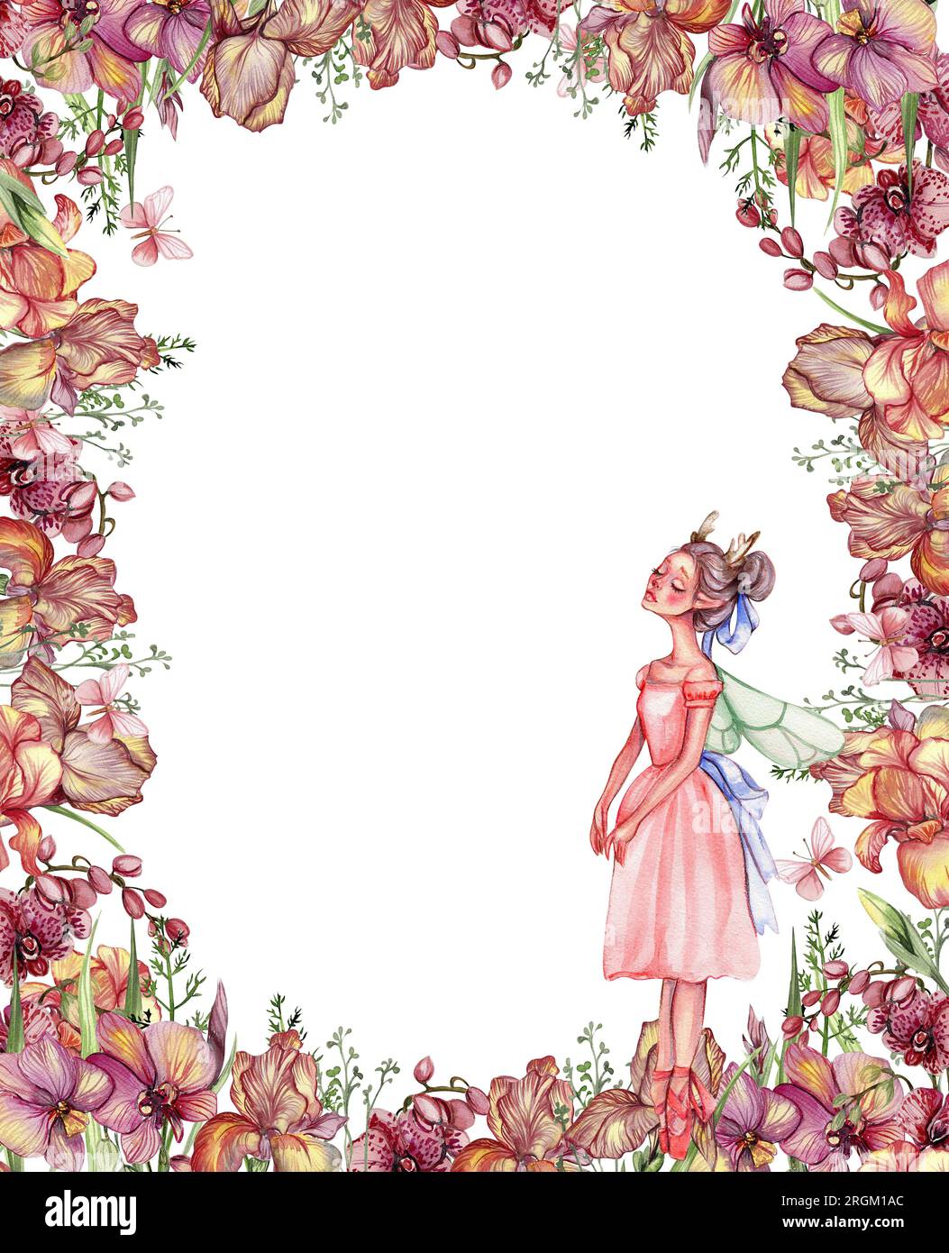 Watercolor square spring garden full of flowers frame in cartoon style ...