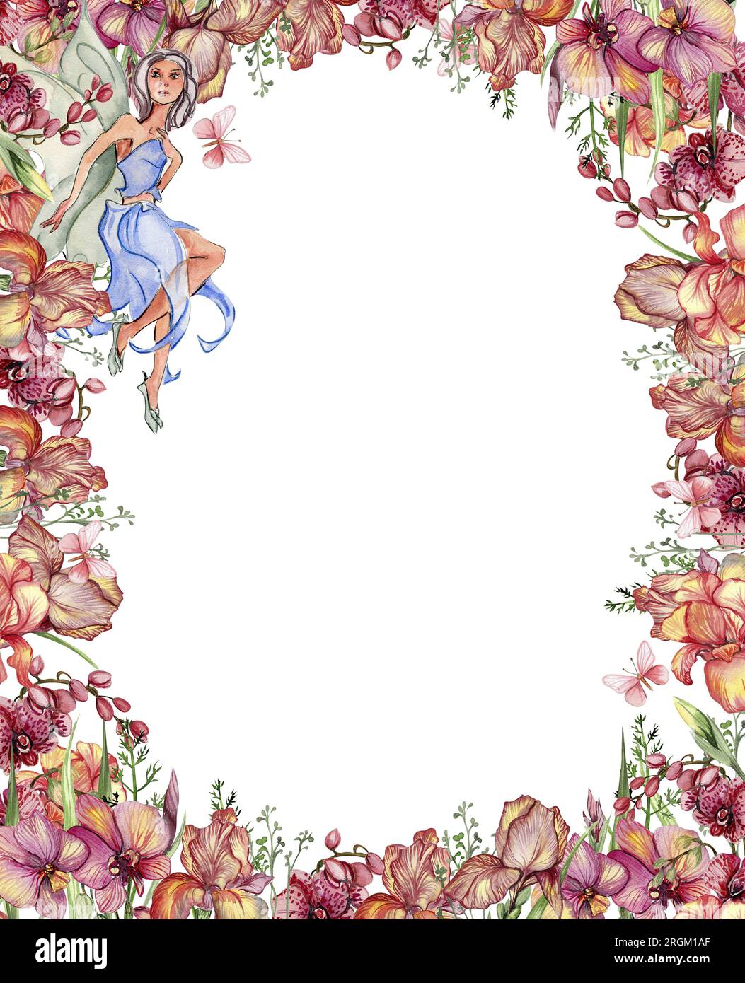 Watercolor square spring garden full of flowers frame in cartoon style ...