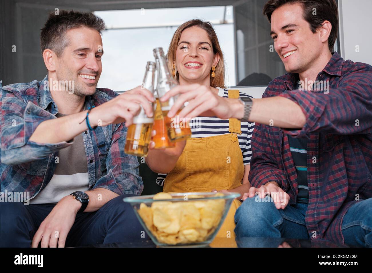 Group of friends toasting together and smiling in a fun plan. Concept ...