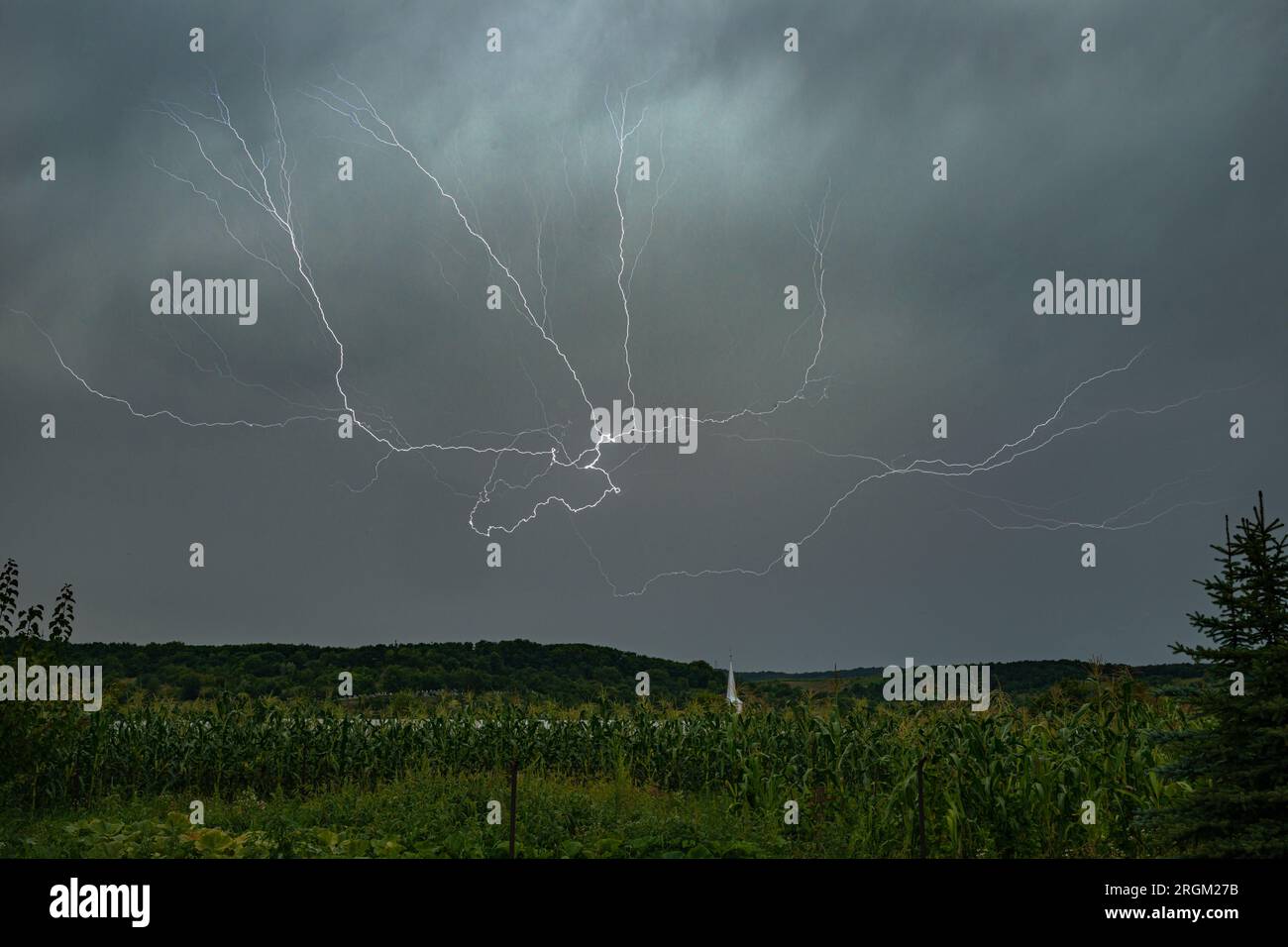Whimsical branched lightning high in the sky over the hilly landscape ...
