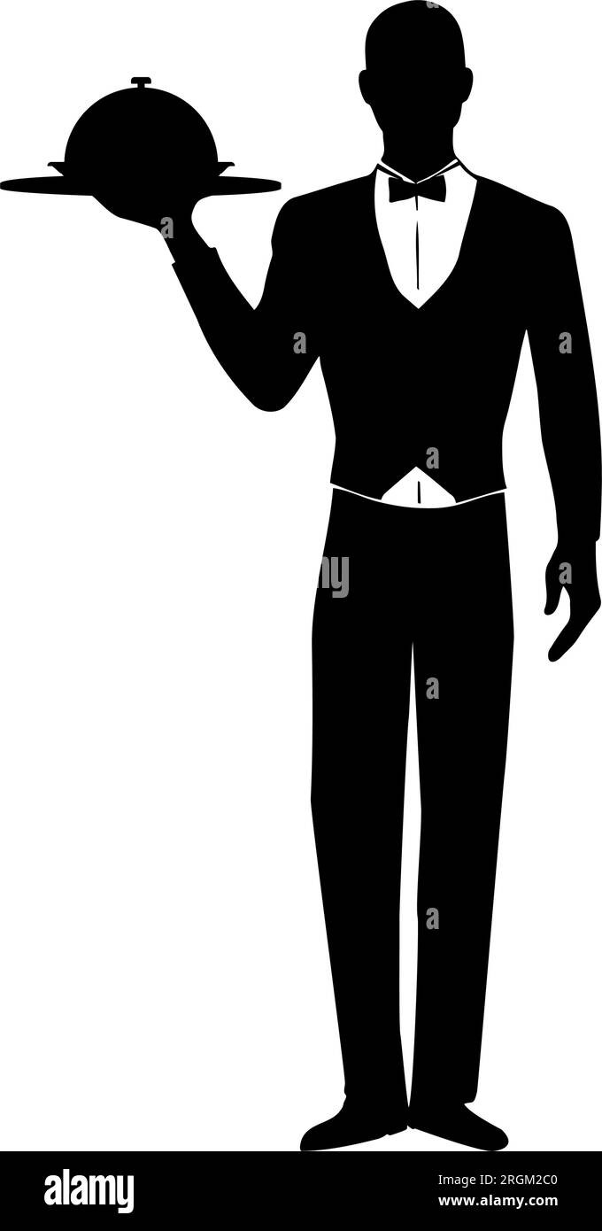 Elegant waiter with a tray of food silhouette. Vector illustration ...