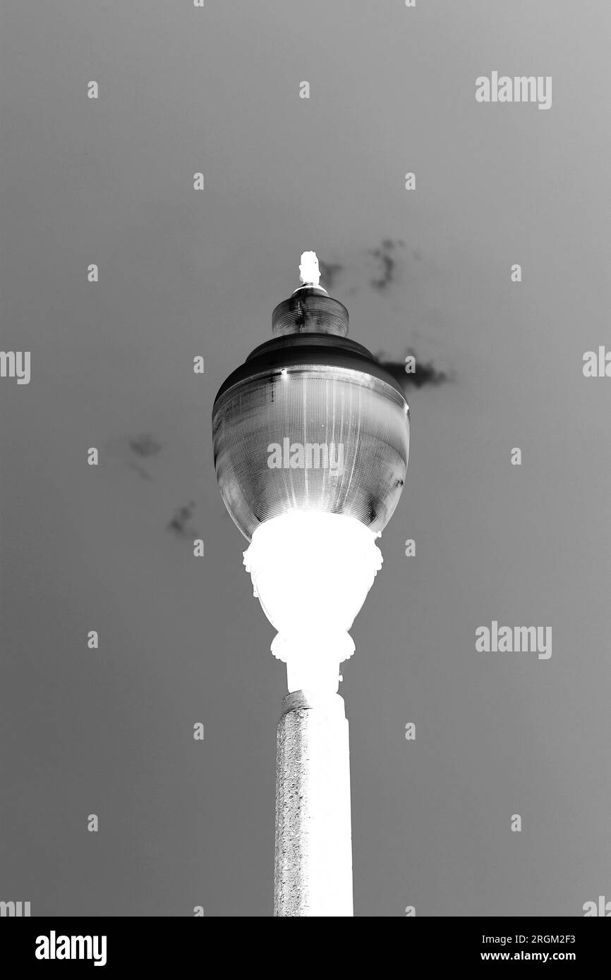 Typical urban street lamp standing in the park in a black and white ...