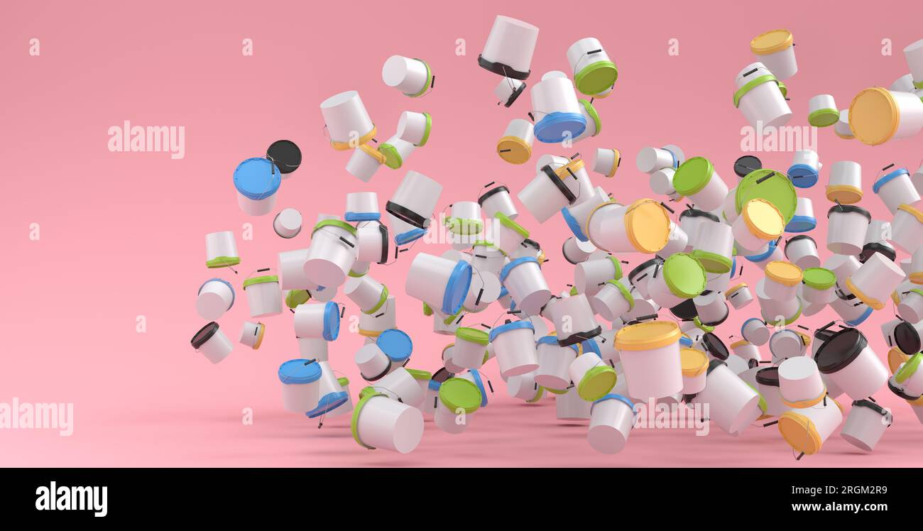 Many of flying plastic cans or buckets on pink background. 3d render of ...