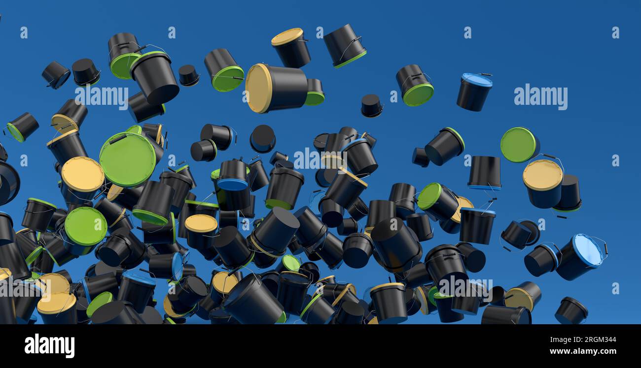 Many of flying plastic cans or buckets on blue background. 3d render of ...