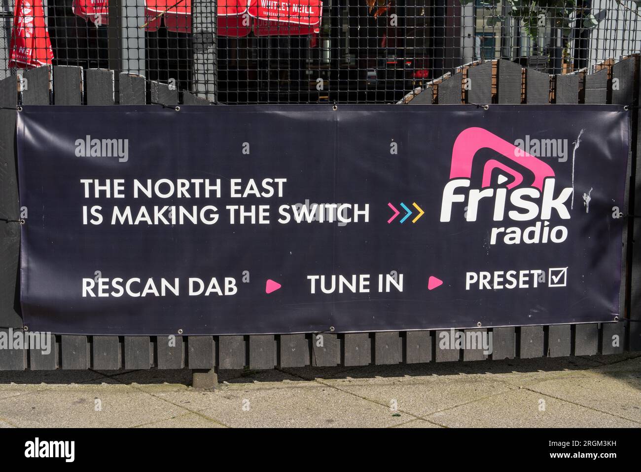 Advertising sign for Frisk Radio - a DAB North East England radio ...