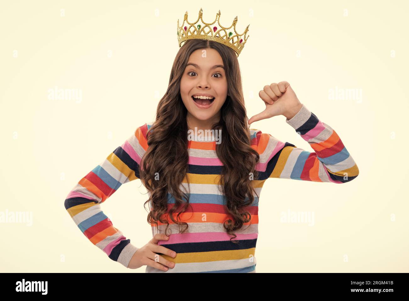 Teen child in queen crown isolated on white background. Princess girl ...