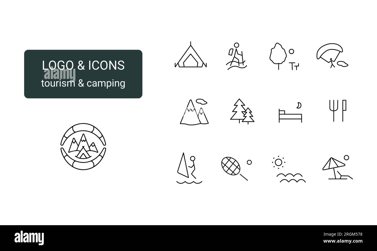 Logo and icons for tourism, camping, outdoor activities, sports complex ...