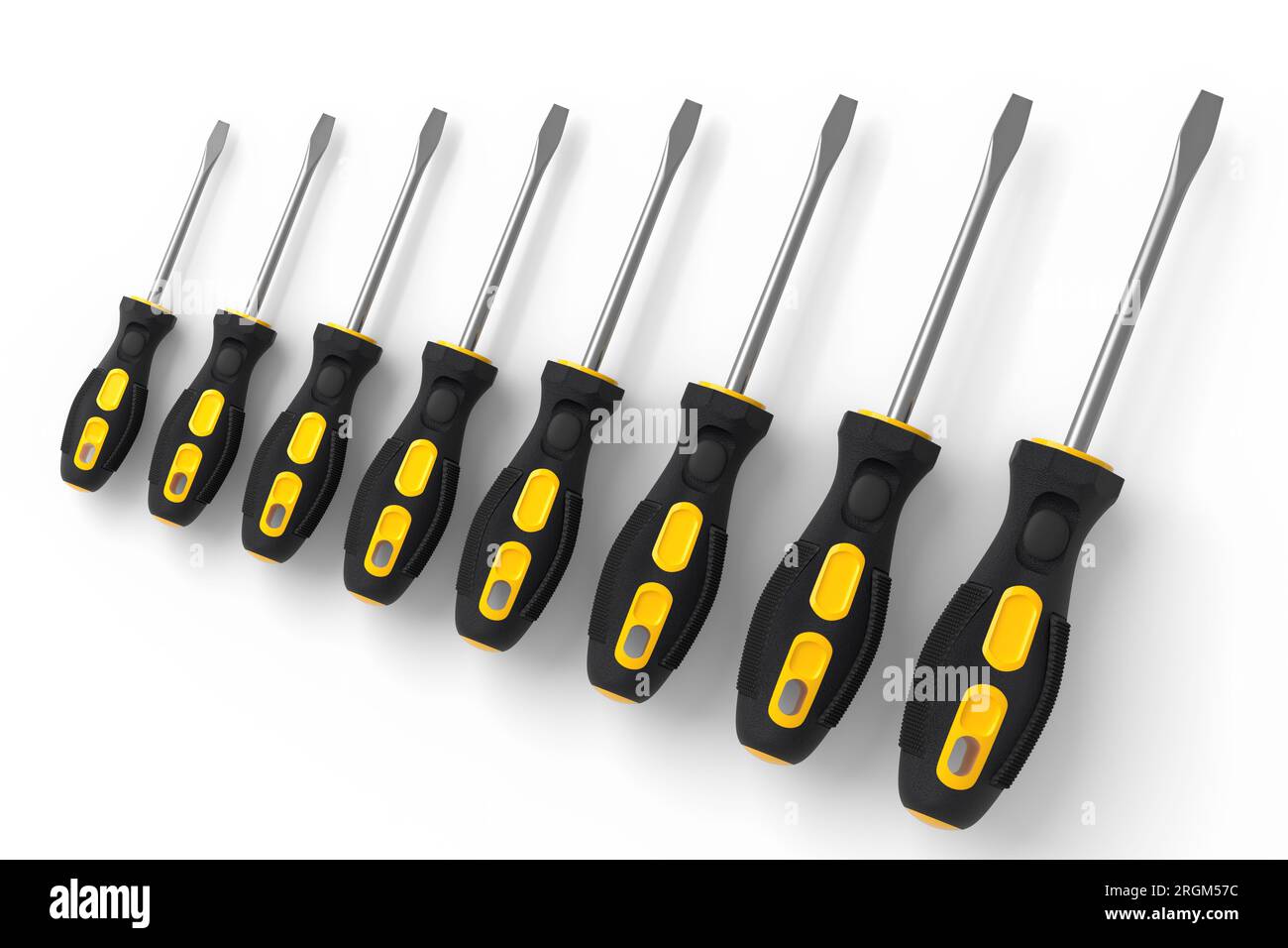 Set of black and yellow screwdriver on white background top view. 3d ...