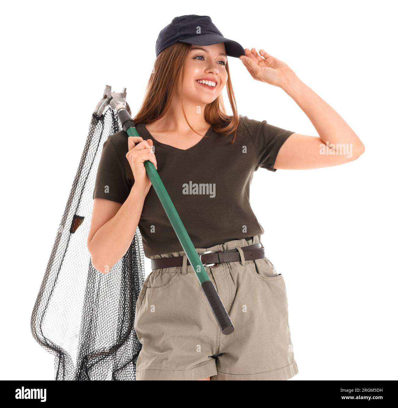 Fisherwoman with landing net on white background Stock Photo - Alamy