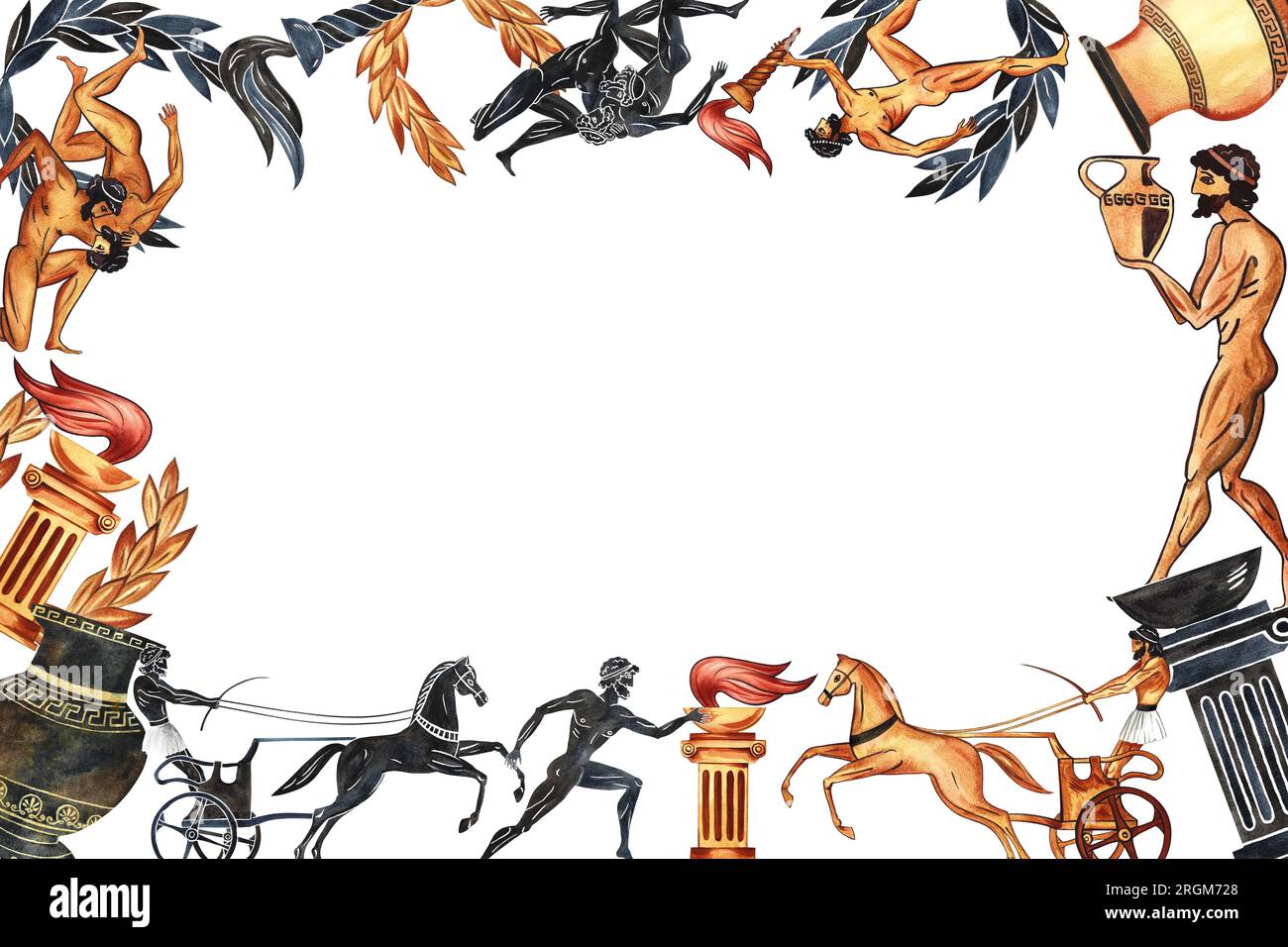 Frame with ancient Greek elements and athletes. In the style of ancient ...