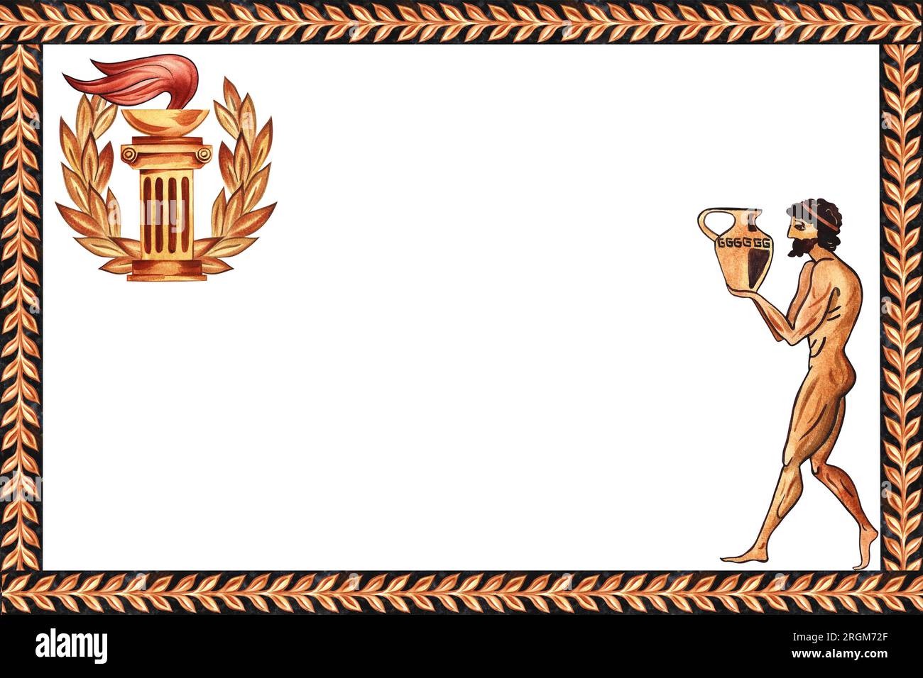 Frame with ancient Greek ornament. Laurel pattern. Watercolor hand ...