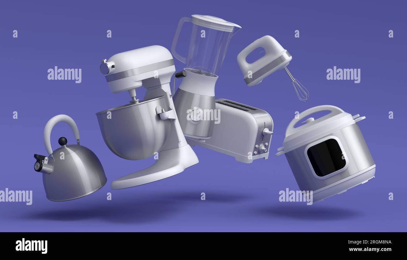 Electric kitchen appliances and utensils for making breakfast on violet ...