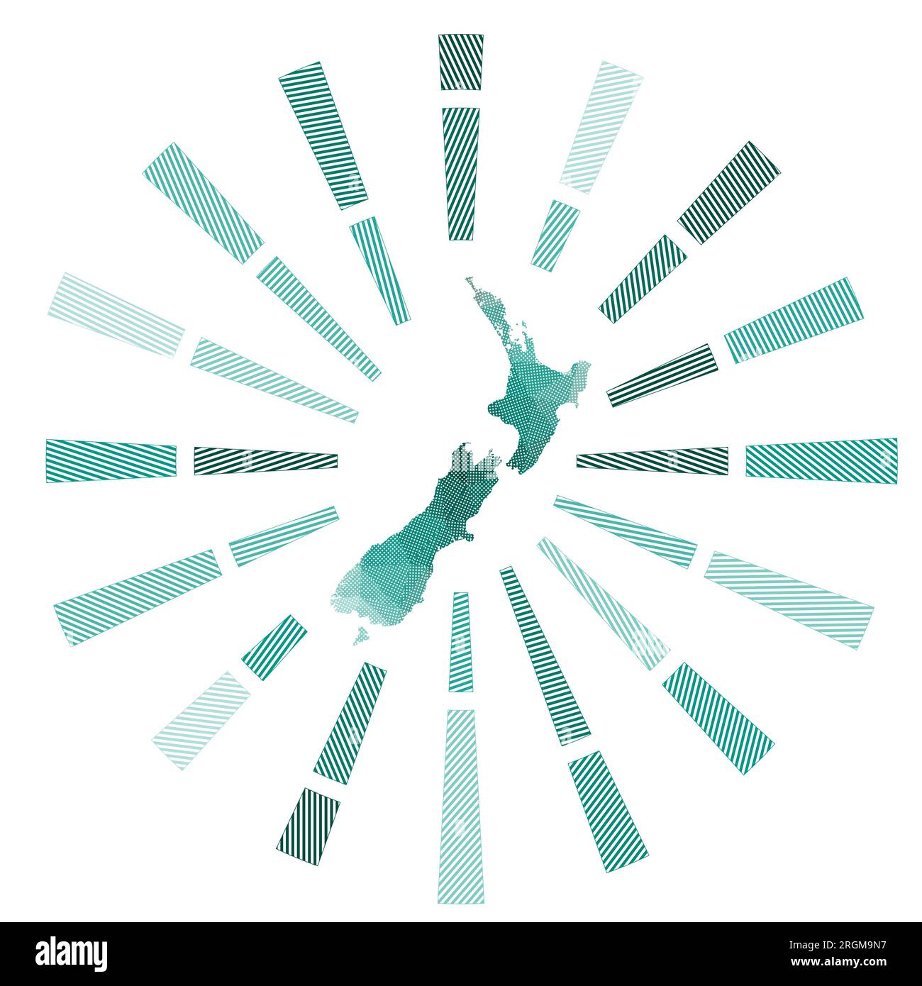 New Zealand sunburst. Low poly striped rays and map of the country ...