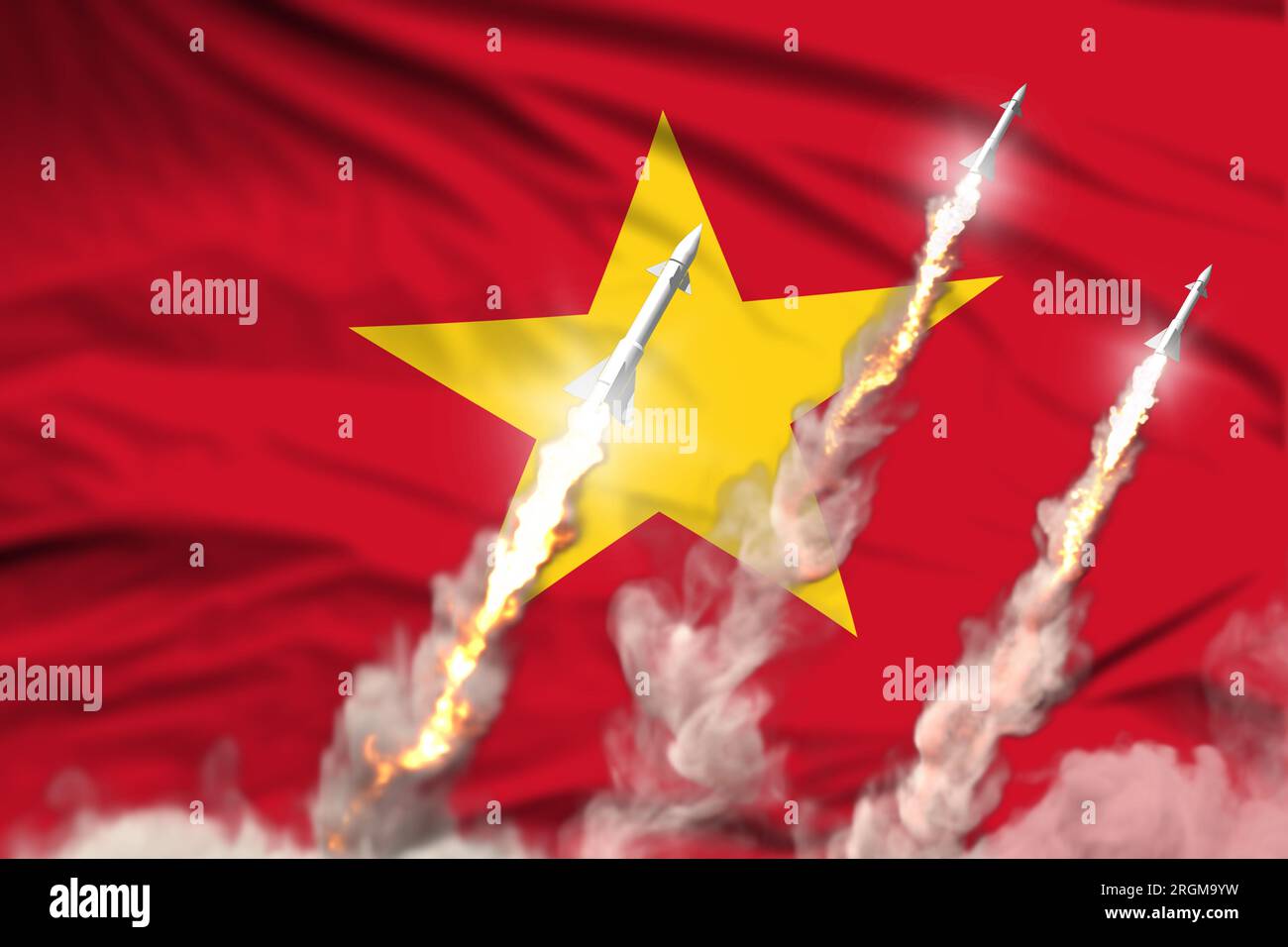 Vietnam ballistic missile launch - modern strategic nuclear rocket weapons concept on flag ...