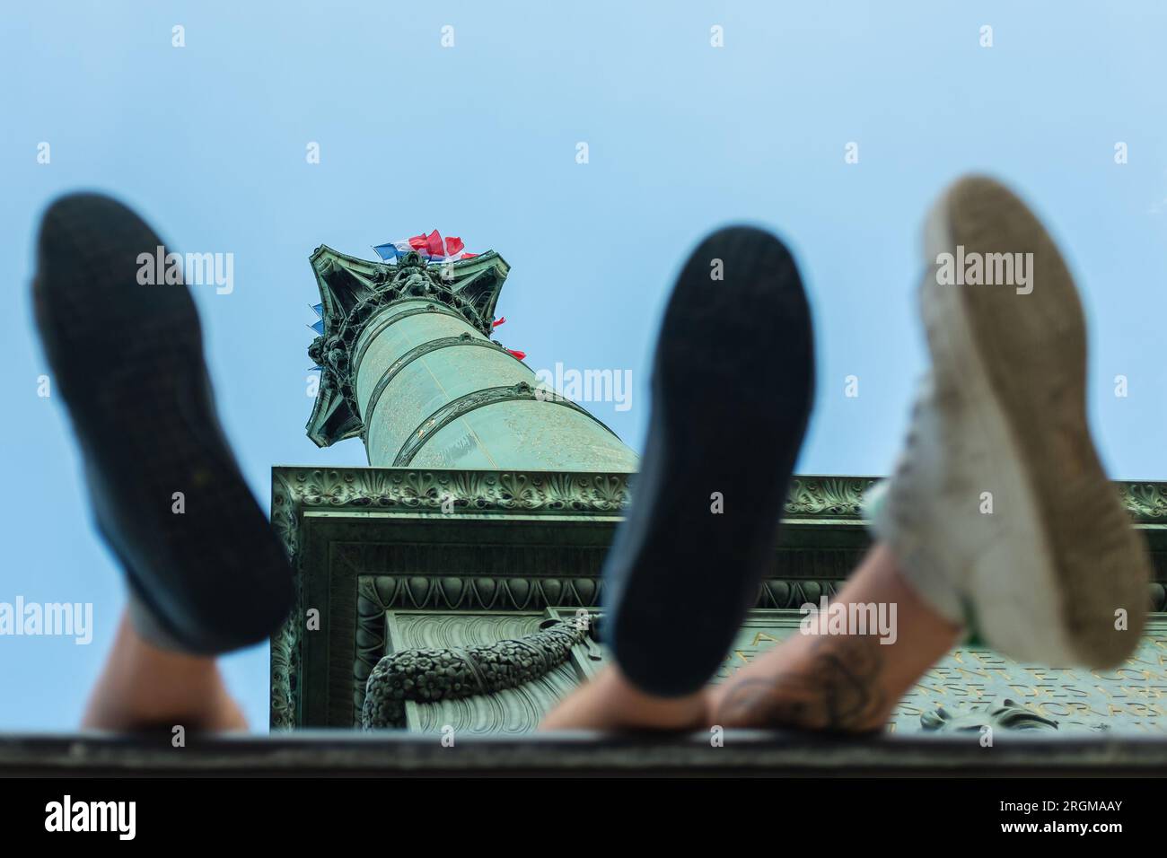 Paris, France, 2018. The July Column decorated with French flags for ...