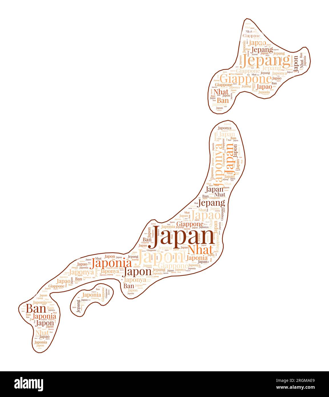 Japan shape filled with country name in many languages. Japan map in ...