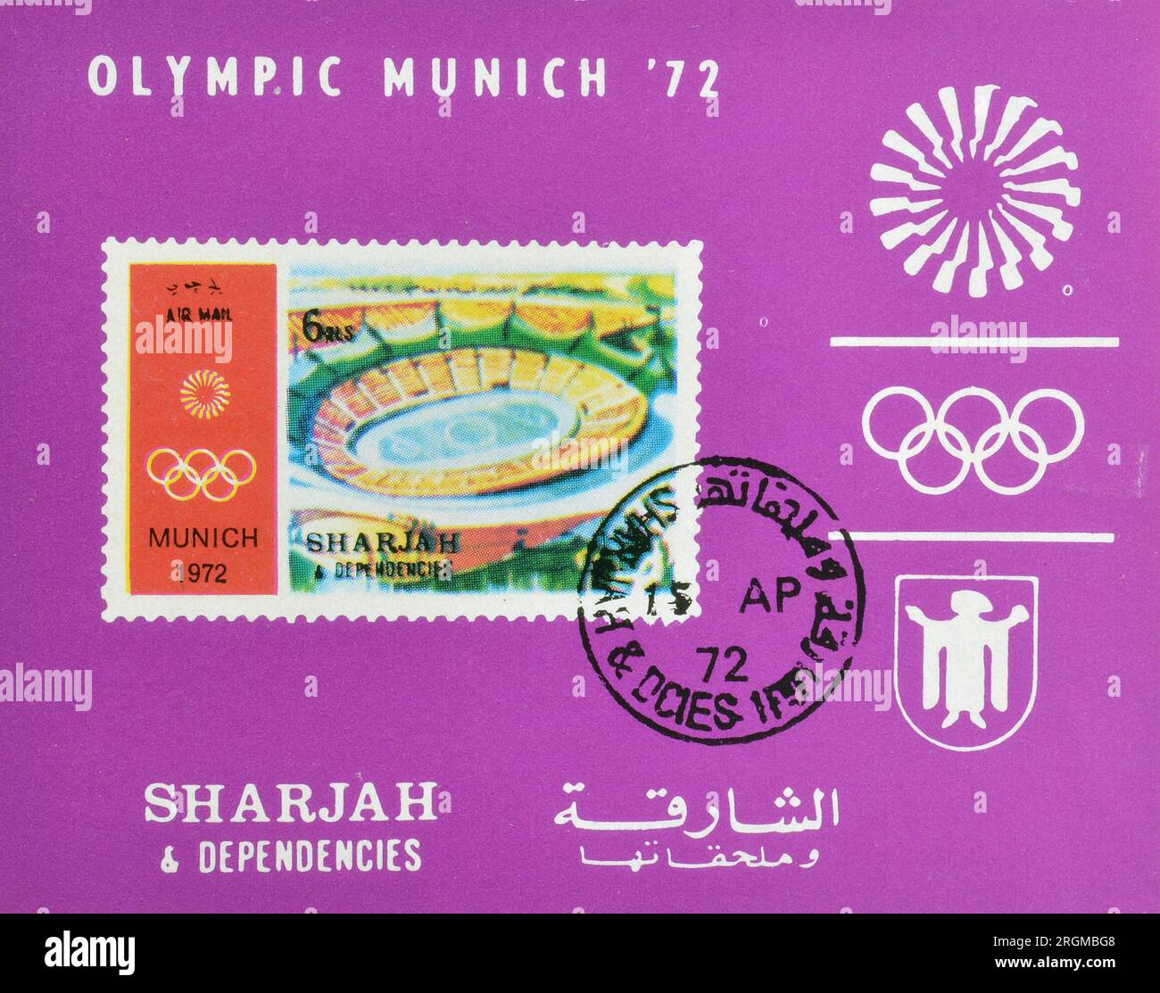 Cancelled postage stamp printed by Sharjah, that shows shows Olympic ...