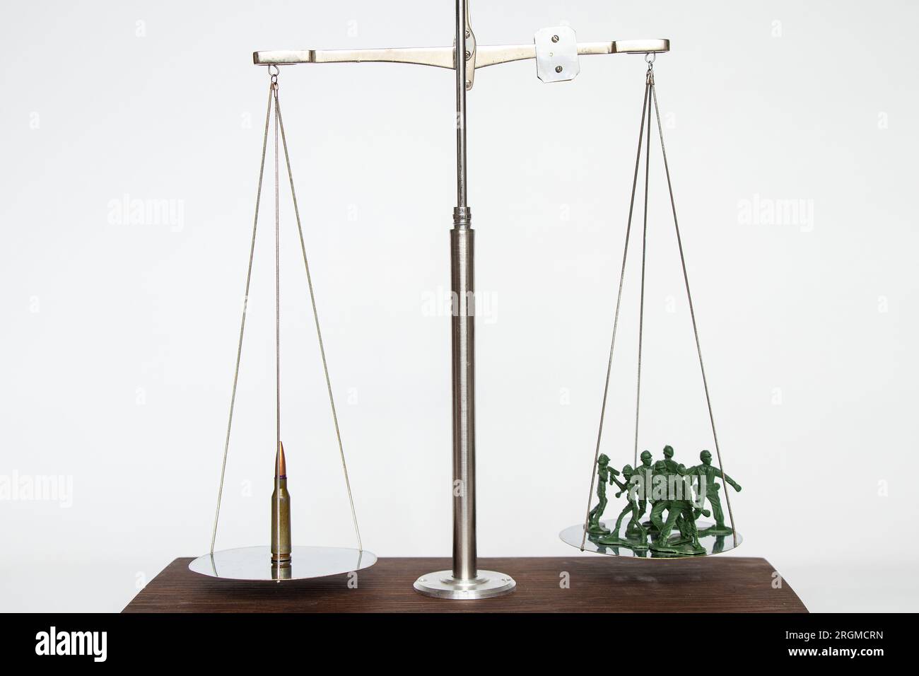 Plastic green soldiers and a bullet are on the scales, the weapon ...