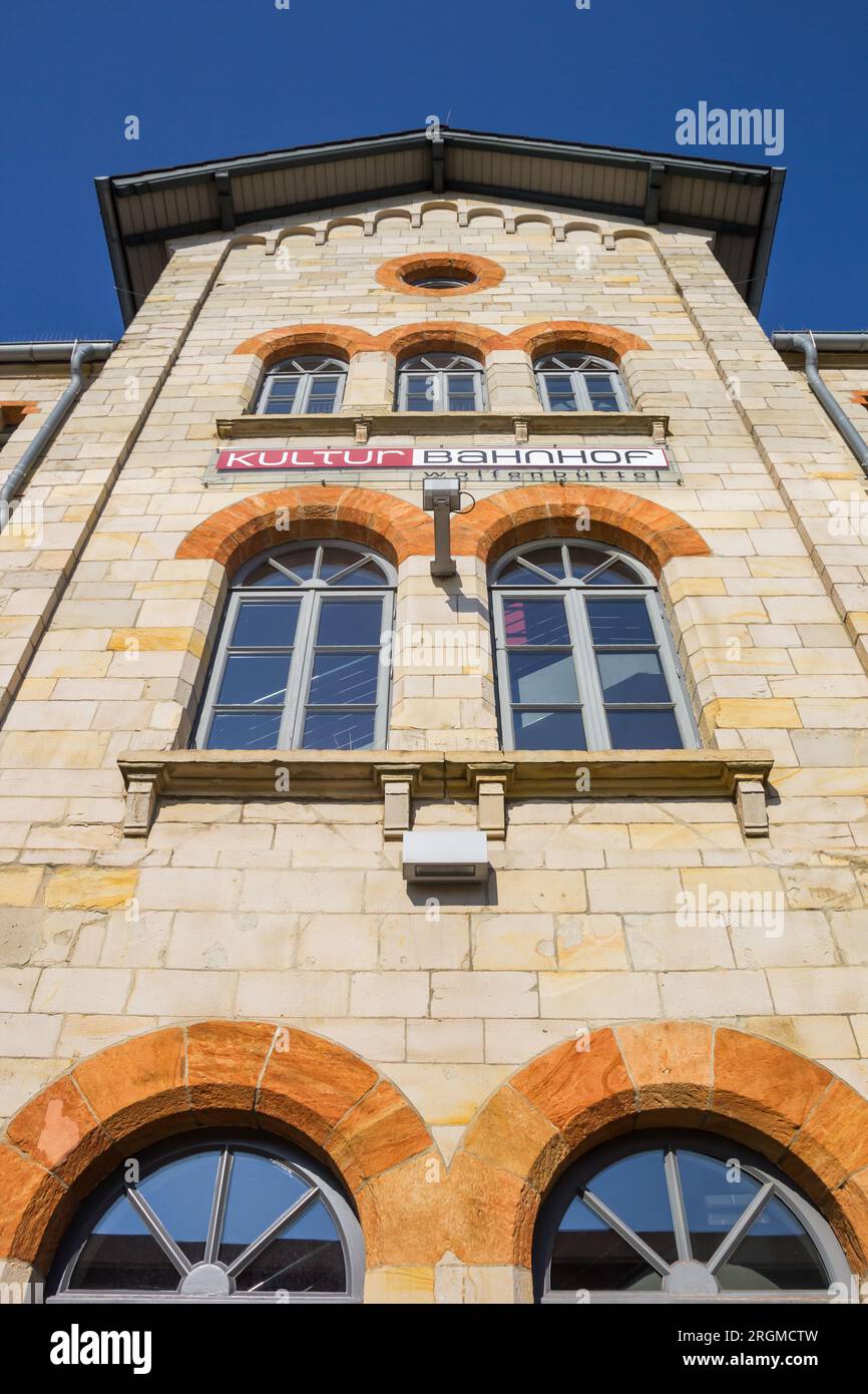 Front facade of the historic railway station in Wolfenbuttel, Germany ...