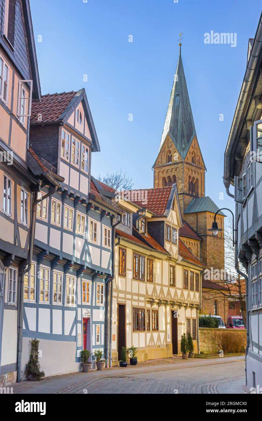 Half timbered houses and church tower in Wolfenbuttel, Germany Stock ...