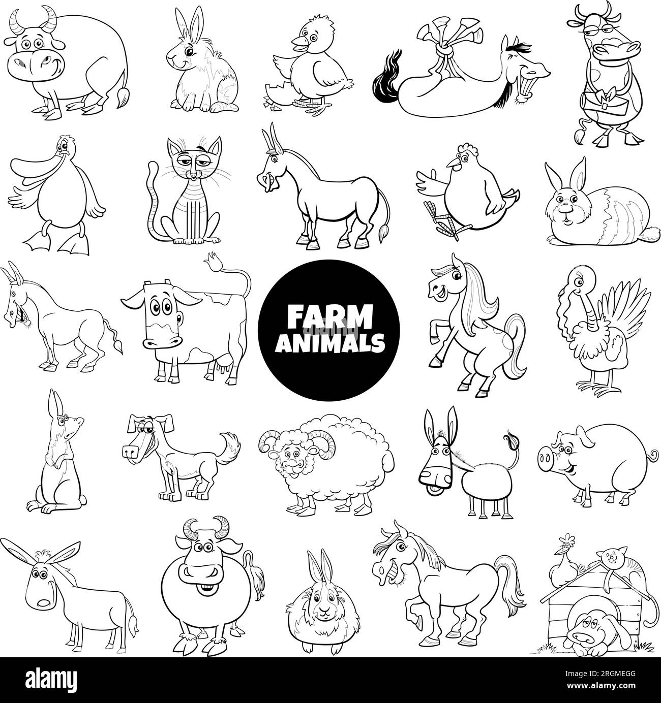 Cartoon illustration of funny farm animal characters big set coloring ...