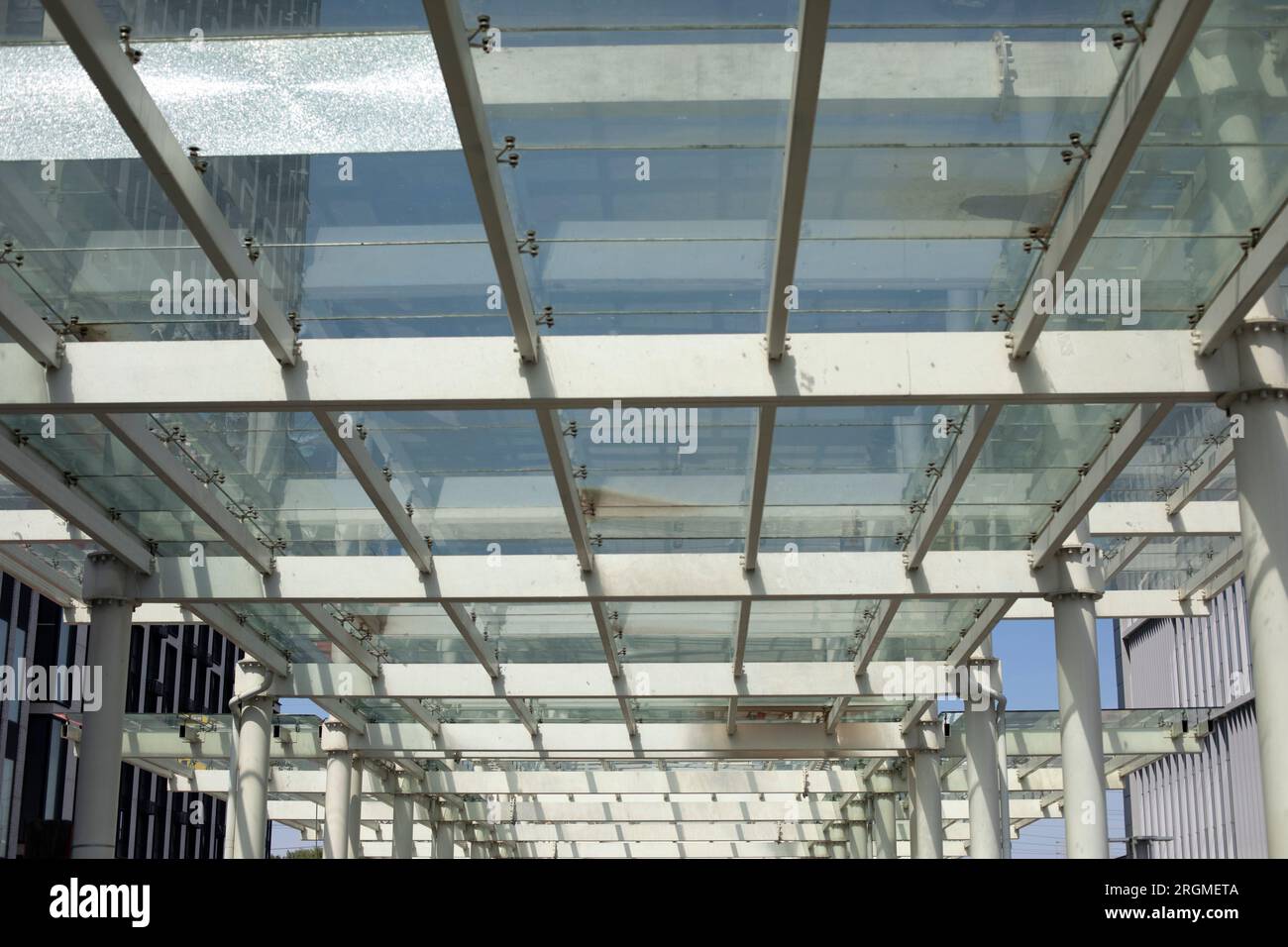 Glass ceiling. Transparent roof. Details of modern station. Steelwork ...
