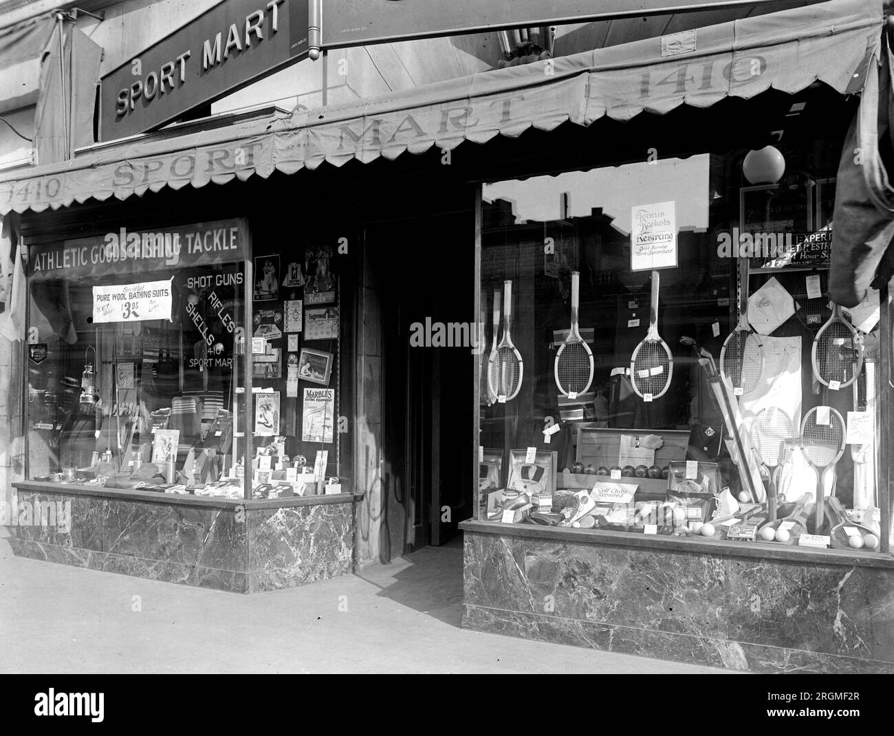 Exterior of Sport Mart, an early 1900s sporting goods store ca. 1923 ...