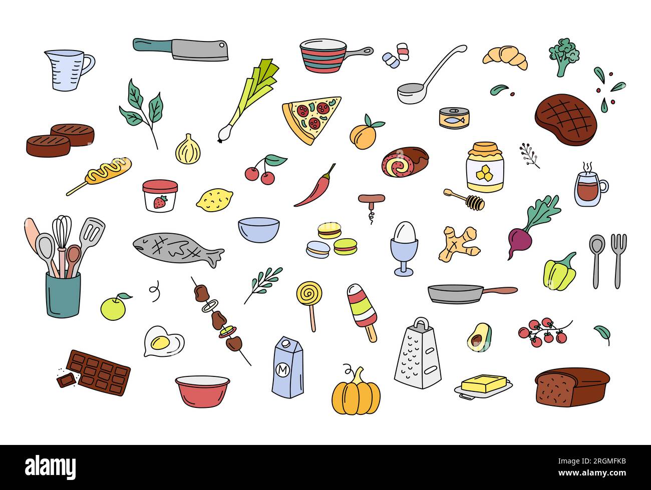Cooking doodles, kitchen elements vector set. Cute colorful doodle ...