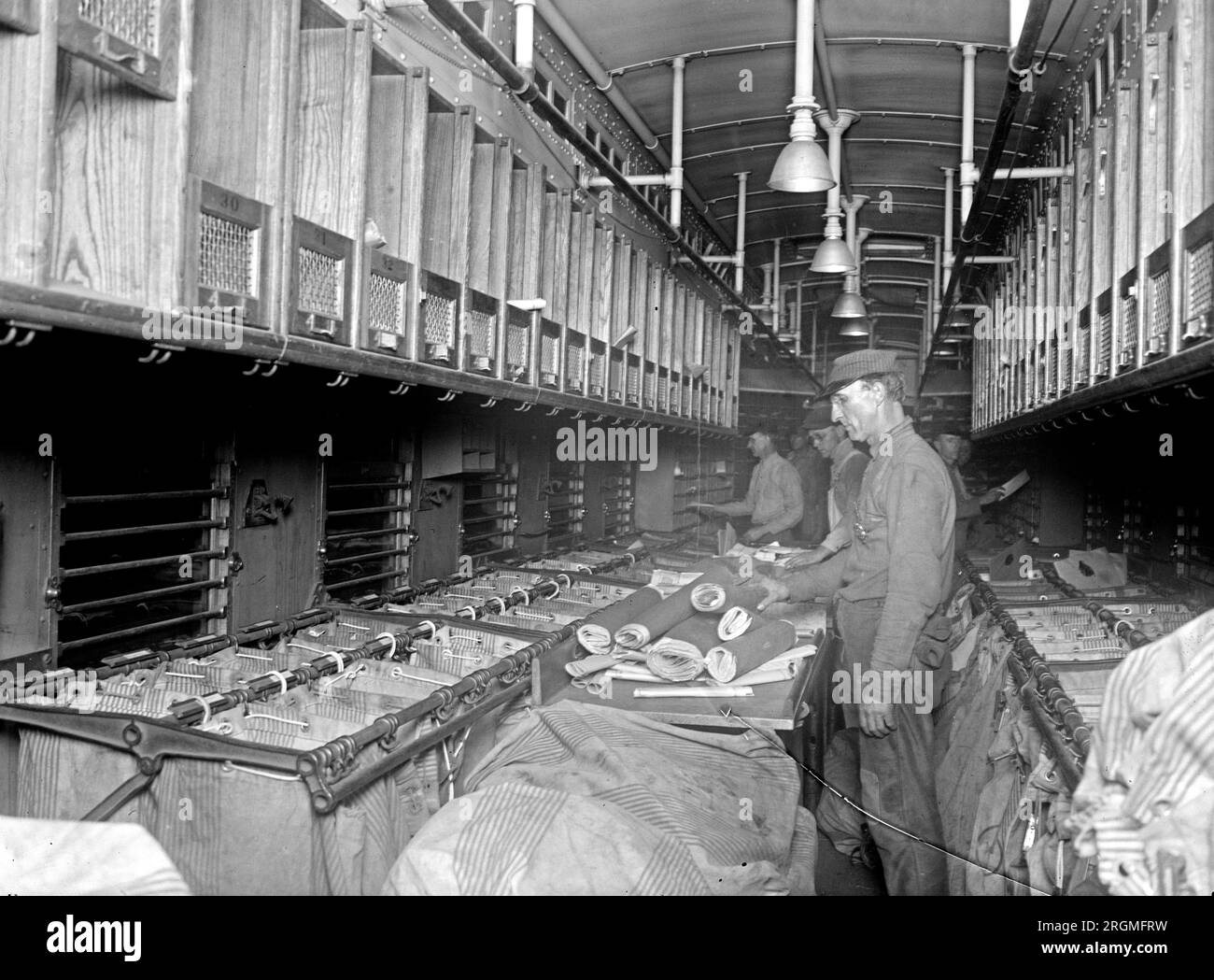 Railway mail service workers (railroad car interior) ca. 1924 Stock ...