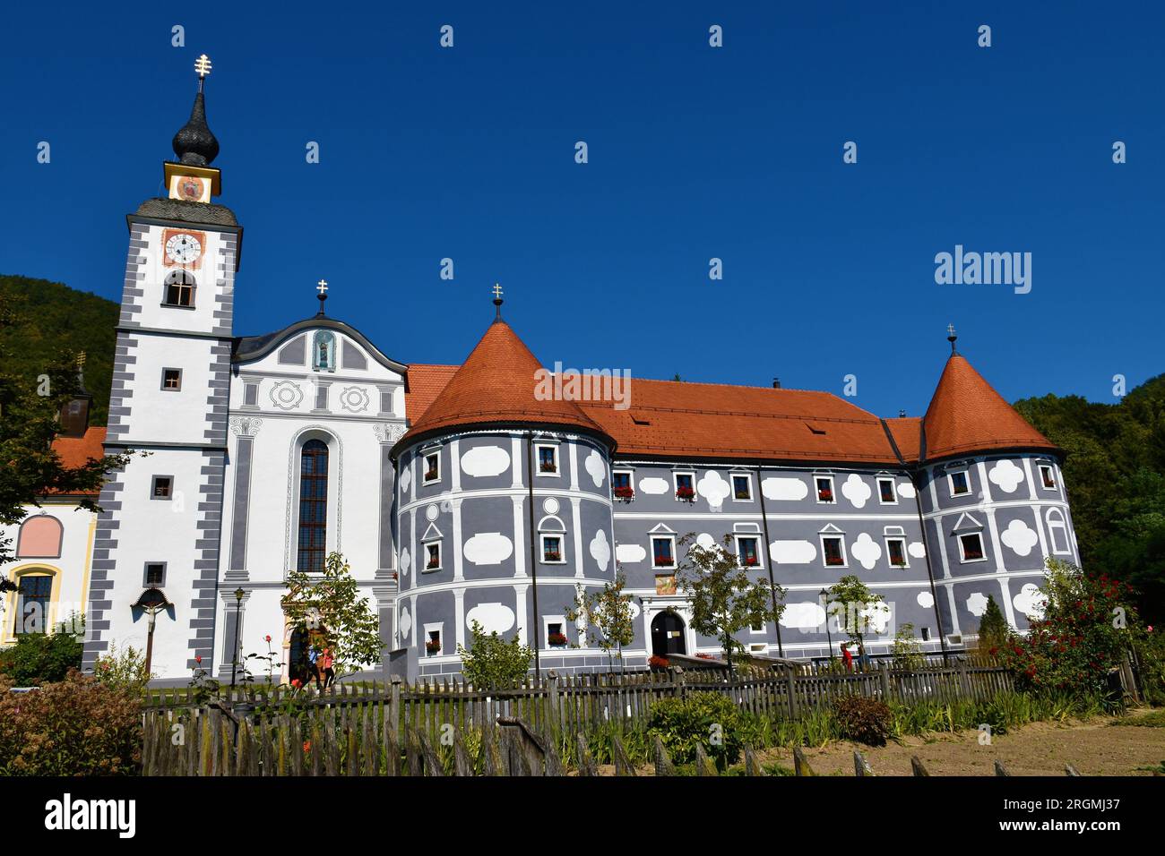 View of old medieval monastery complex at Olimje near Podcetrtek in ...
