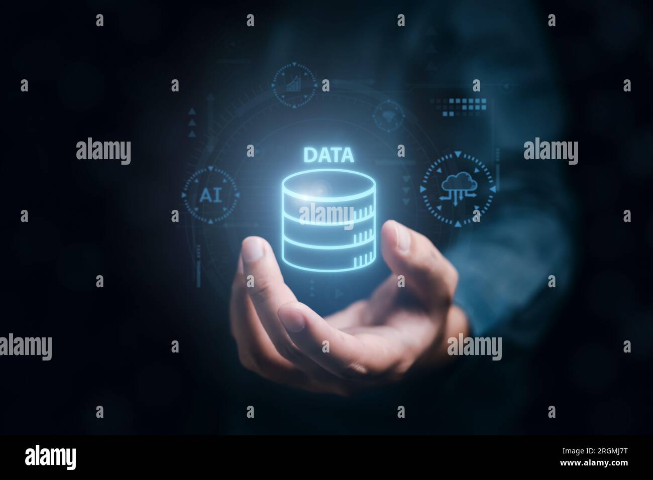 Data visualization, data analyst and storage virtual hologram icon on ...