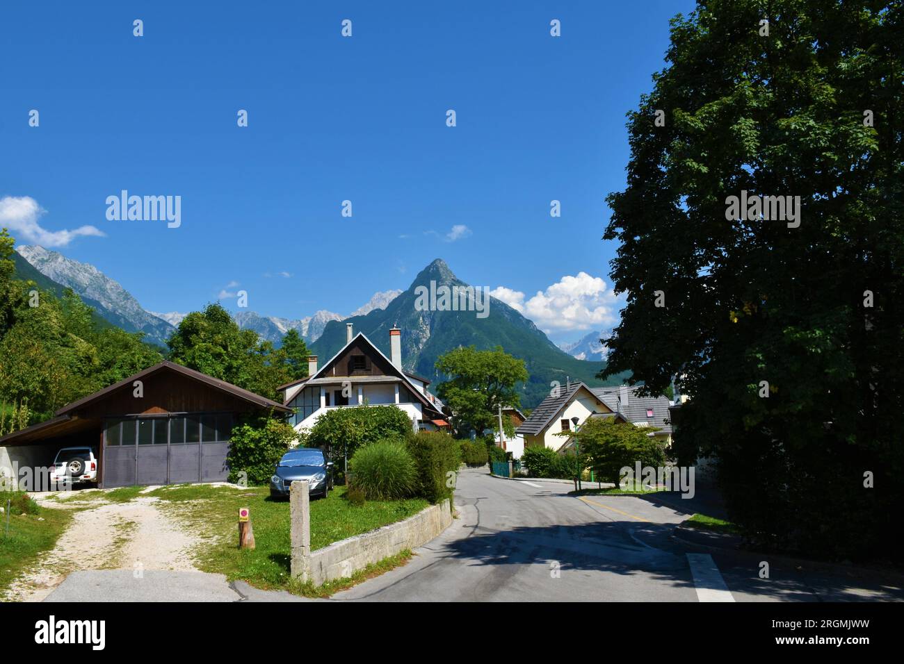 View of mountain Svinjak from the town of Bovec in Littoral region of ...