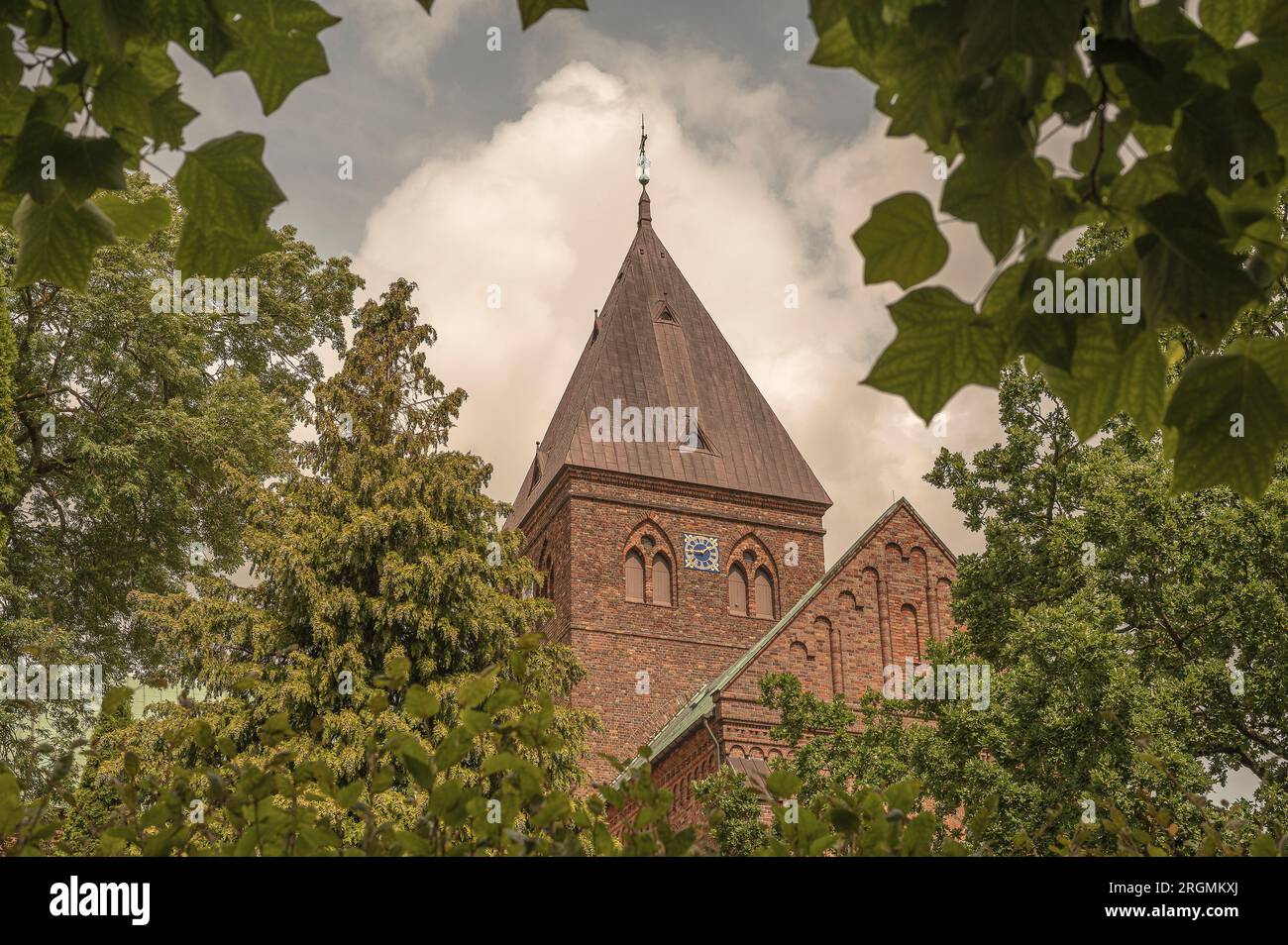the tower of St. Bendt's Church in Ringsted surrounded by a wreath of ...