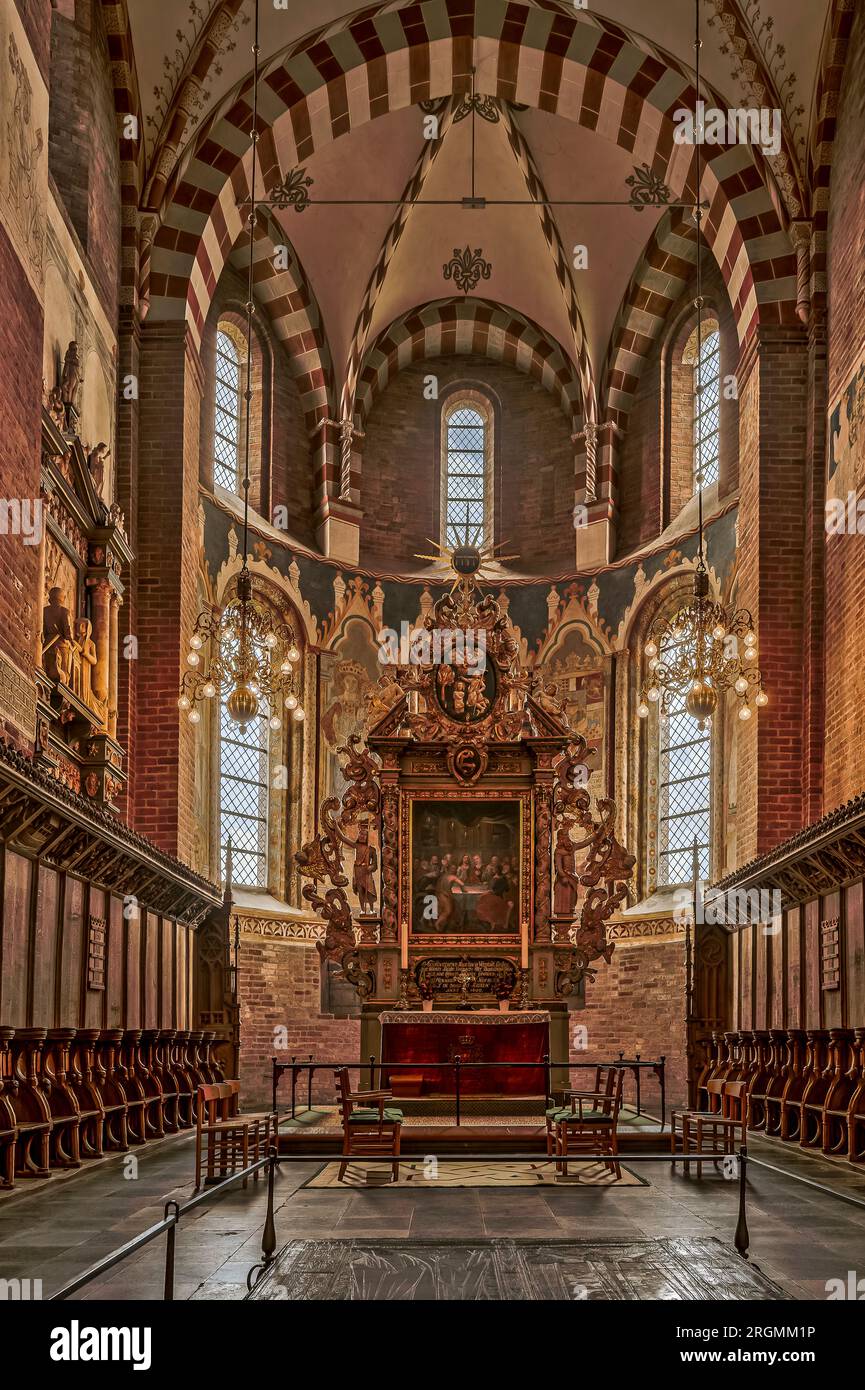 the chancel and altar in St. Bendt's Church in Ringsted, Denmark, July ...
