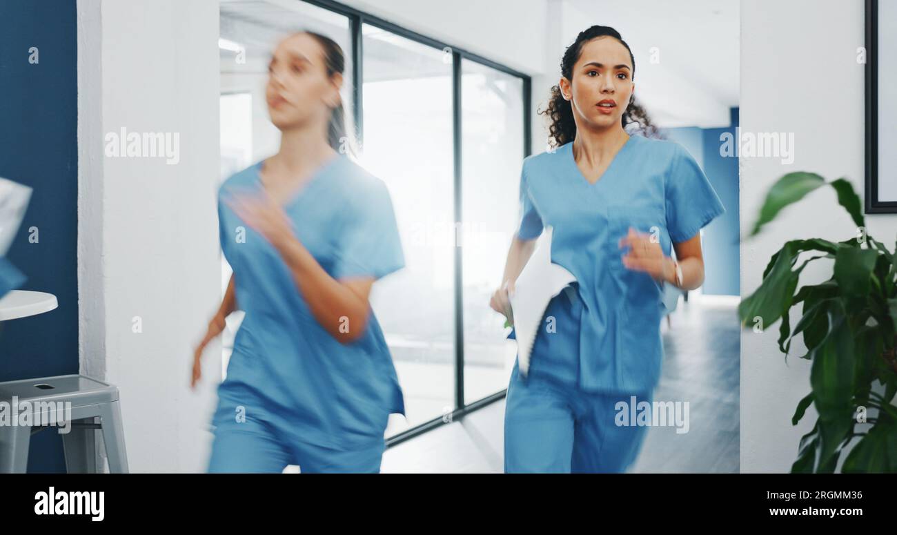 Doctors, nurses or running in hospital emergency, patient crisis or ...