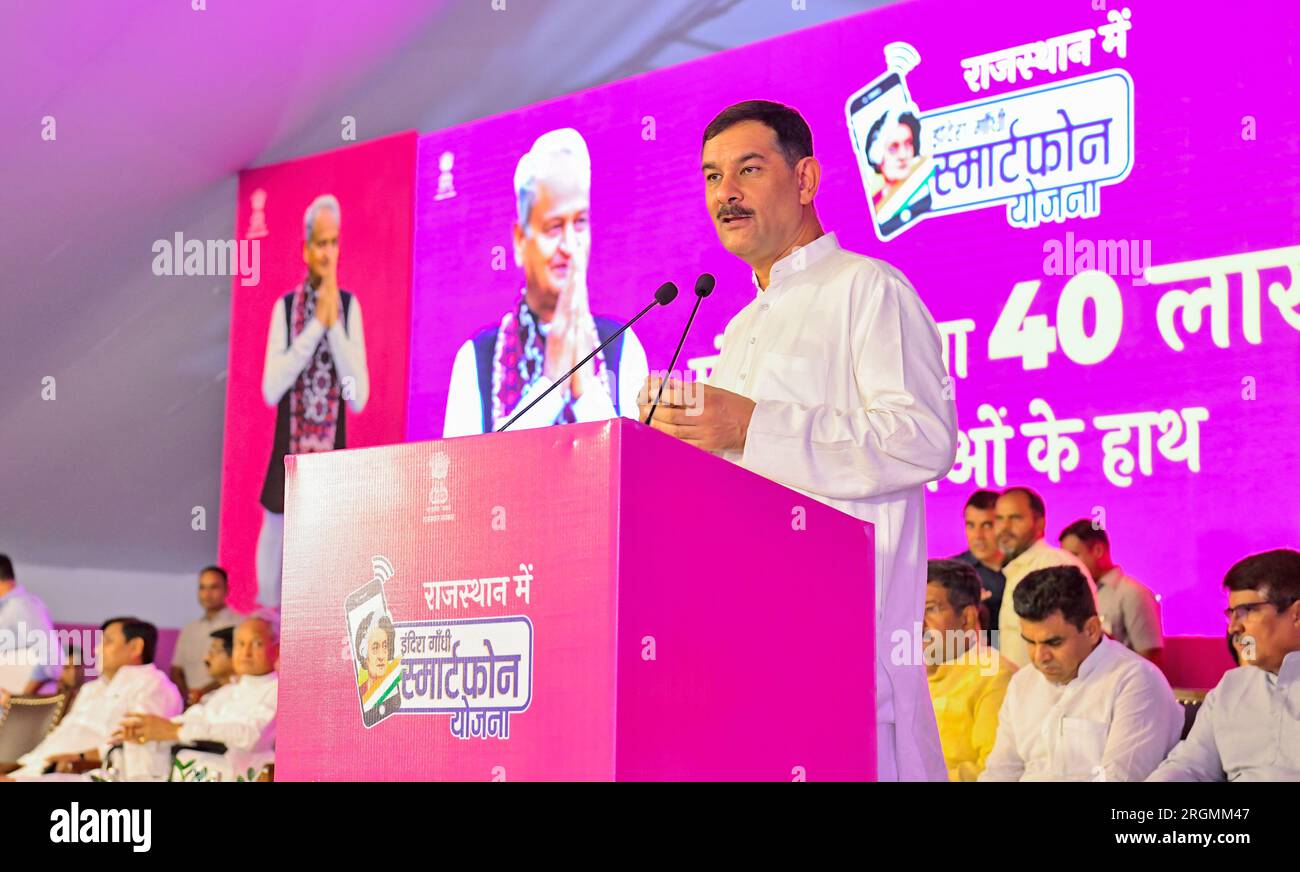 Jaipur, India. 10th Aug, 2023. Congress leader Jitendra Singh addresses ...