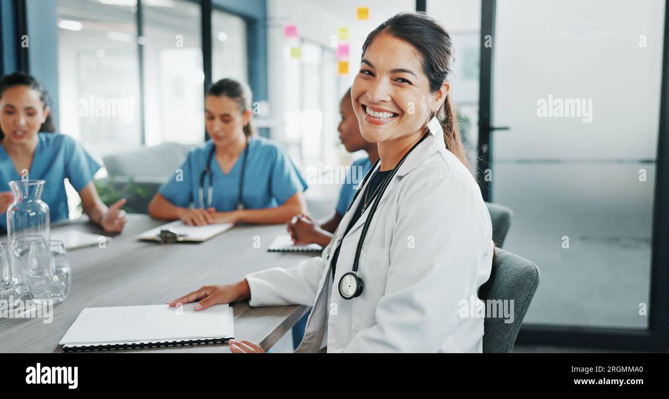 Doctor, face or woman in hospital meeting leadership, medical planning ...
