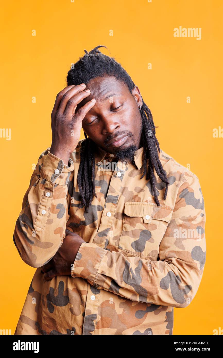 Puzzled man brainstorming job ideas, thinking at solution to solve ...