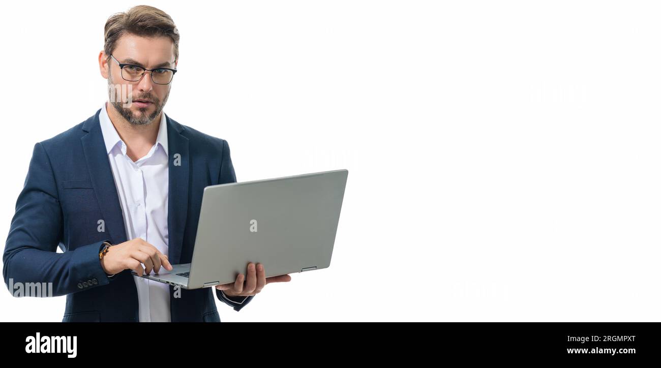 Business man using laptop. Male business man worker watch video on ... Business man using laptop. Male business man worker watch video on ...