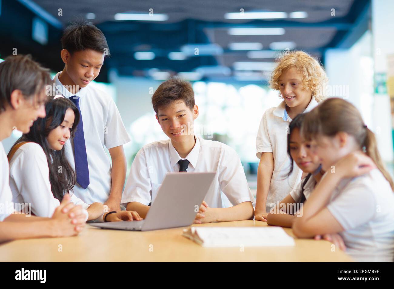 Kids go back to school. Interracial group of children of mixed age on ...