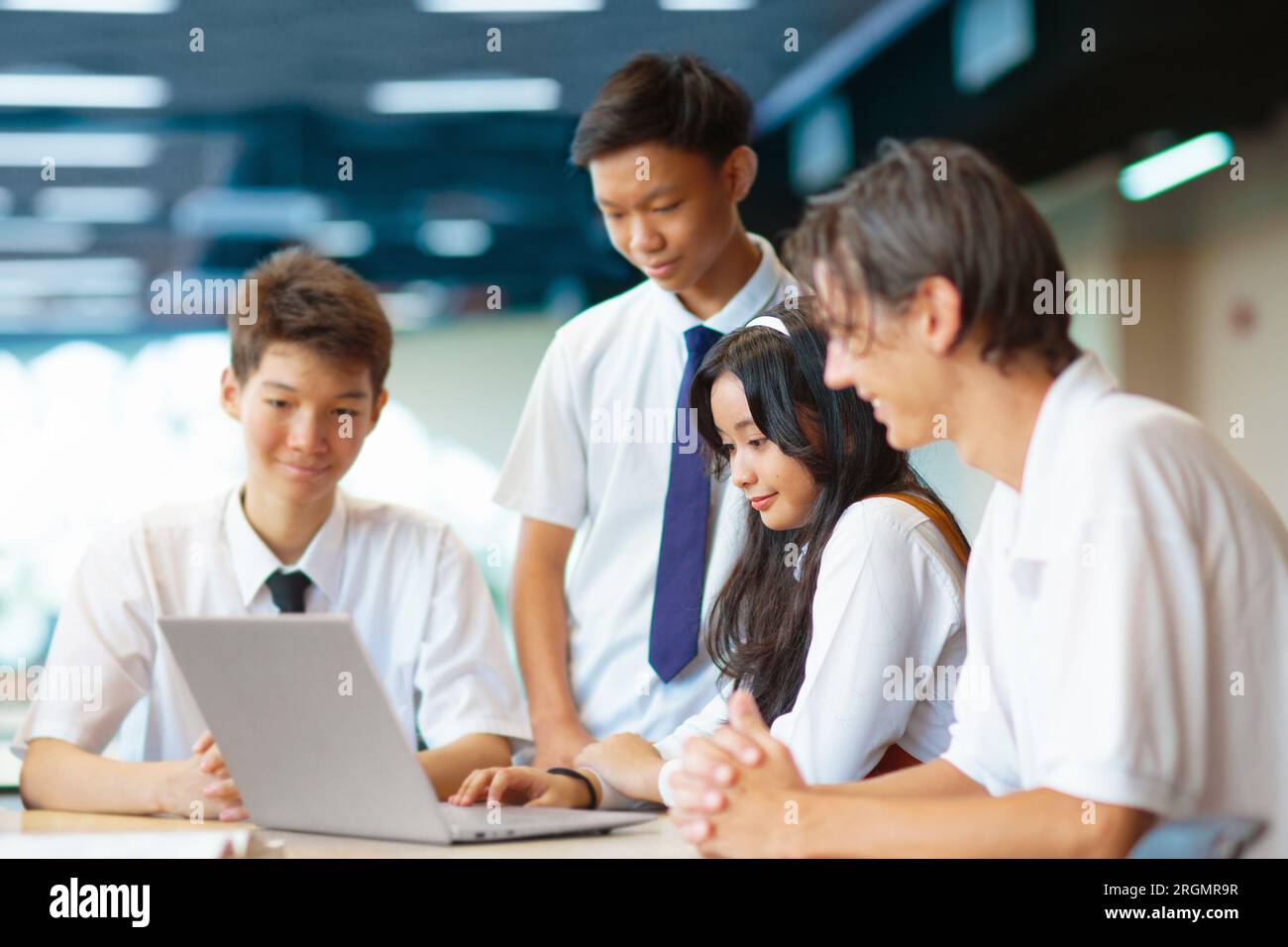 Kids go back to school. Interracial group of children of mixed age on ...