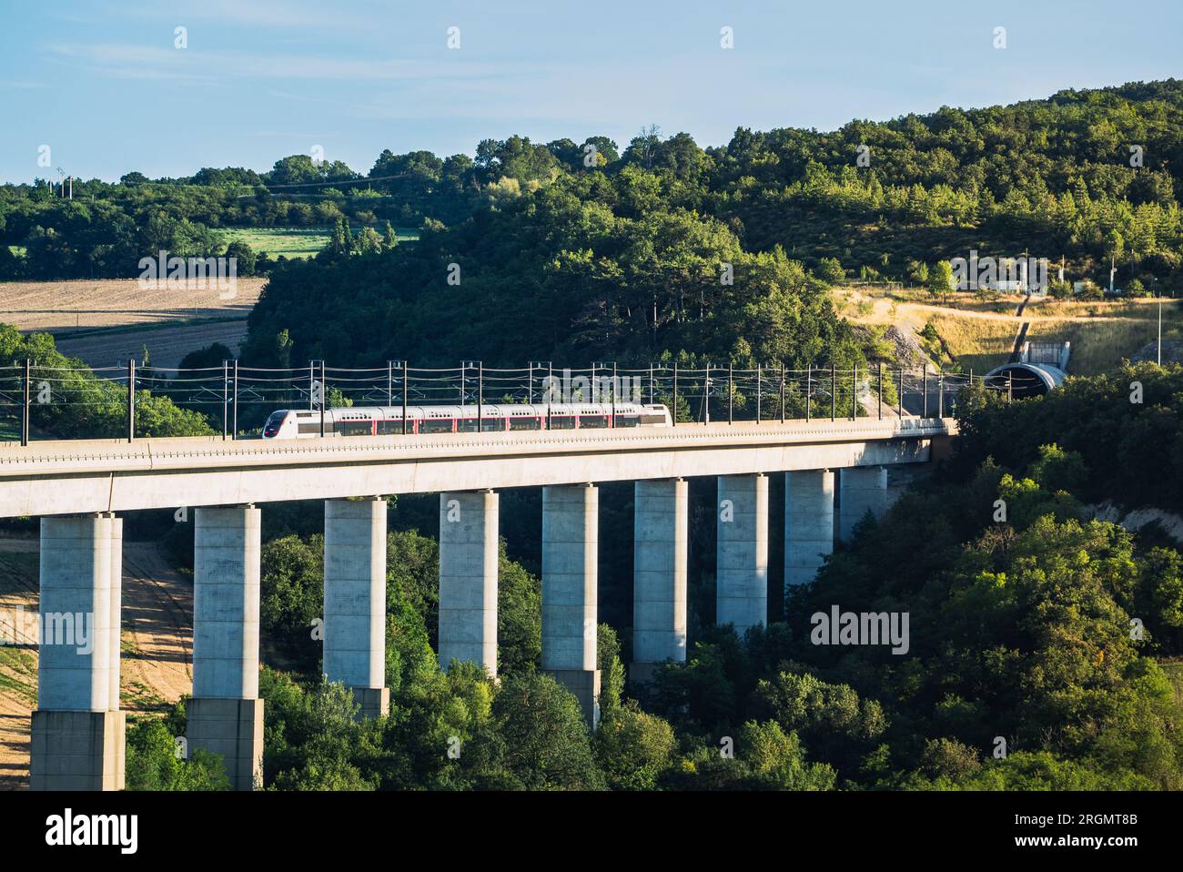Grane, France - 4 August 2023: Panoramic view on passenger train TGV ...