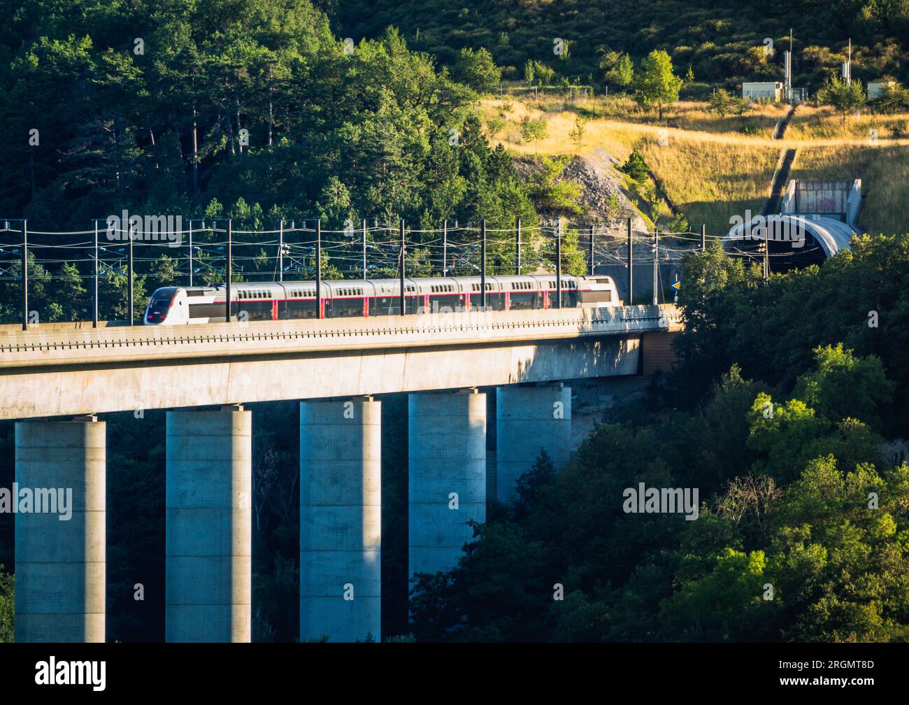 Grane, France - 4 August 2023: Panoramic view on passenger train TGV ...